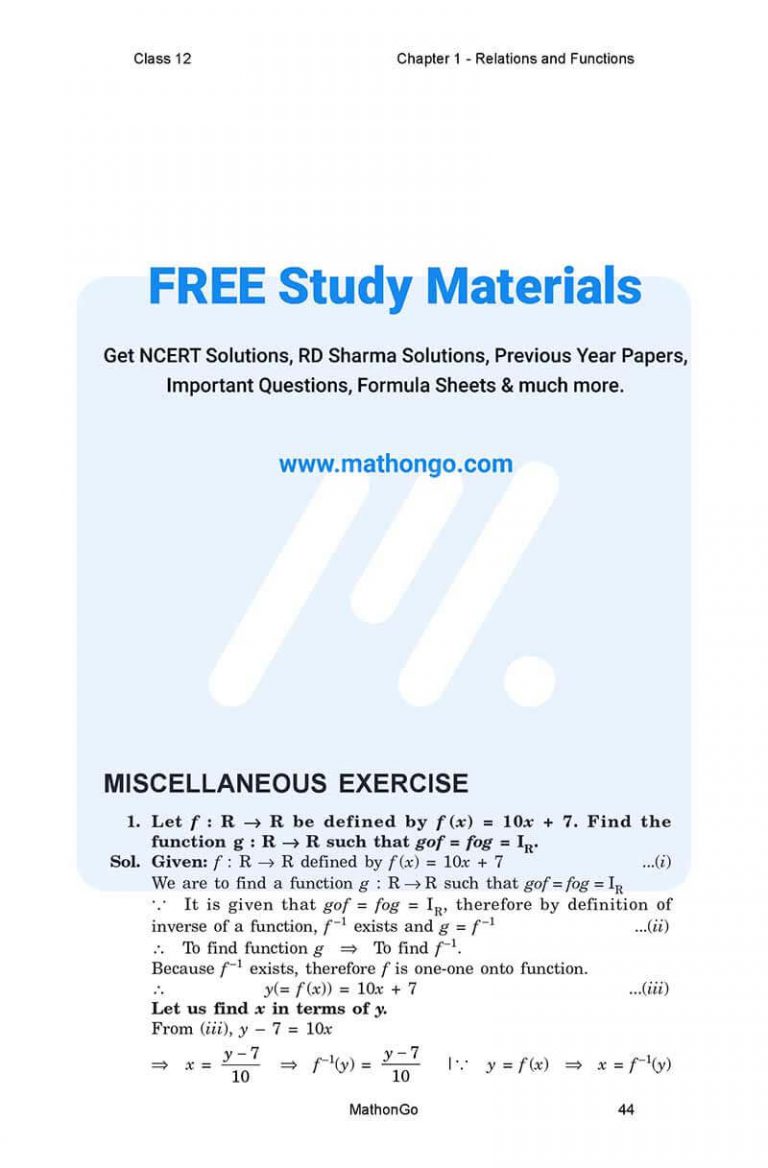 NCERT Solutions for Class 12 Maths Chapter 1 Miscellaneous – MathonGo