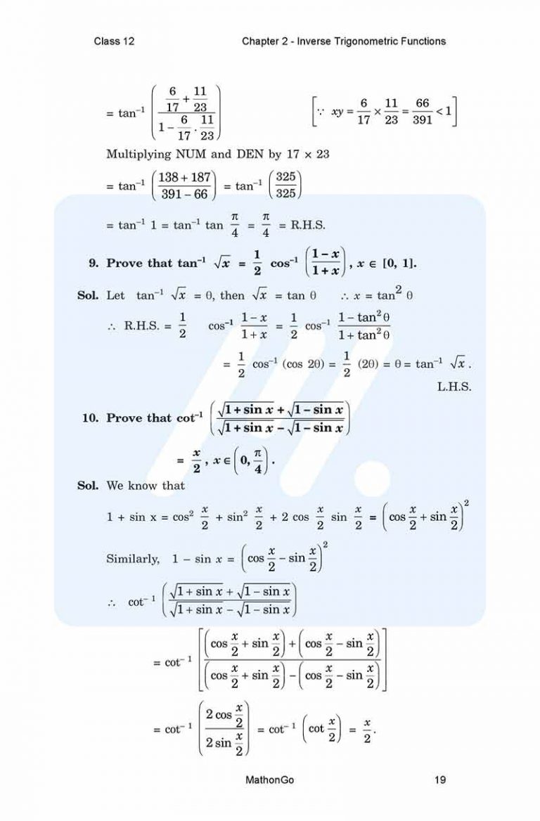 NCERT Solutions for Class 12 Maths Chapter 2 – Inverse Trigonometric ...