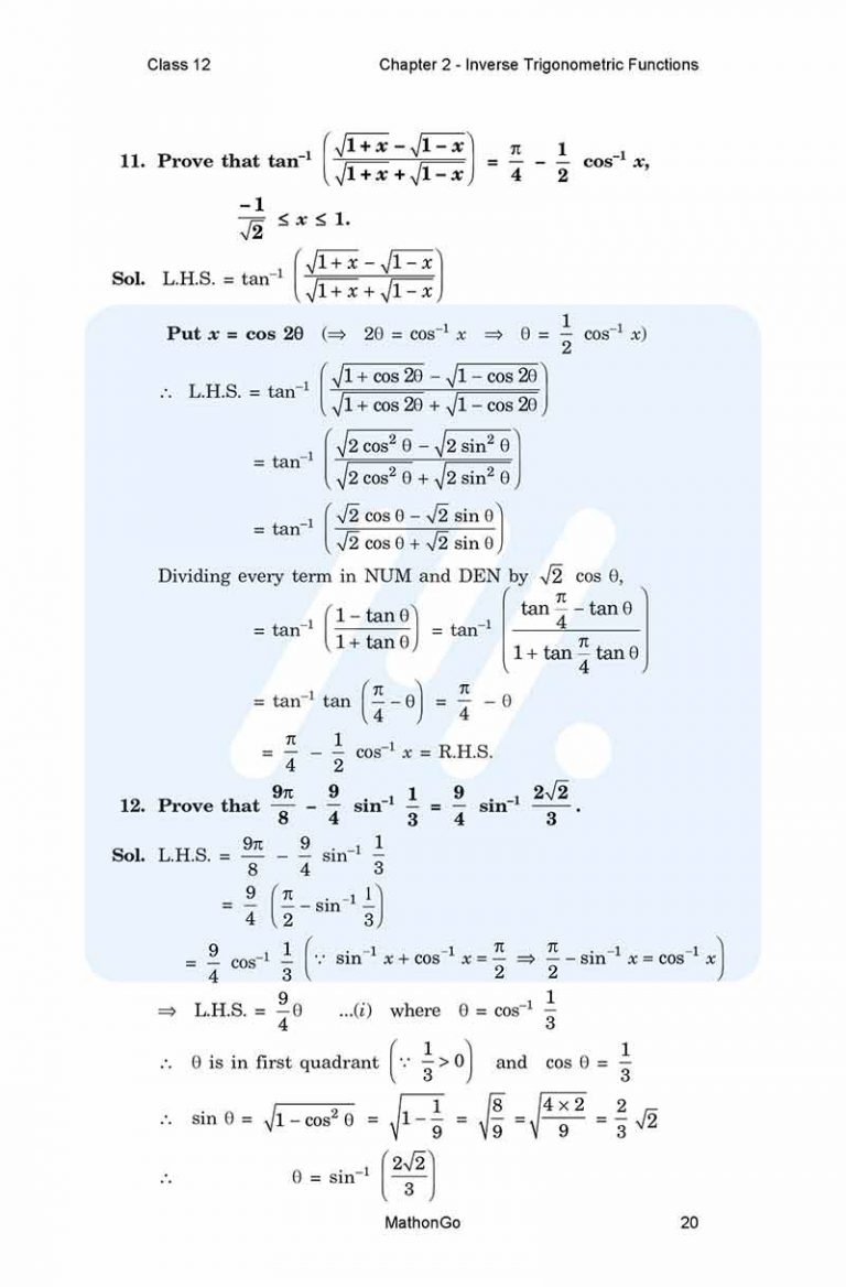 NCERT Solutions for Class 12 Maths Chapter 2 – Inverse Trigonometric ...