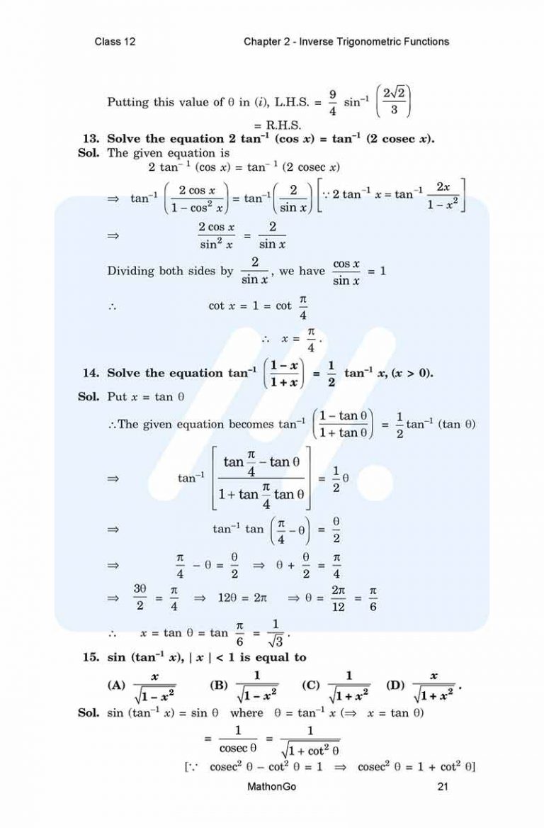 NCERT Solutions for Class 12 Maths Chapter 2 – Inverse Trigonometric ...