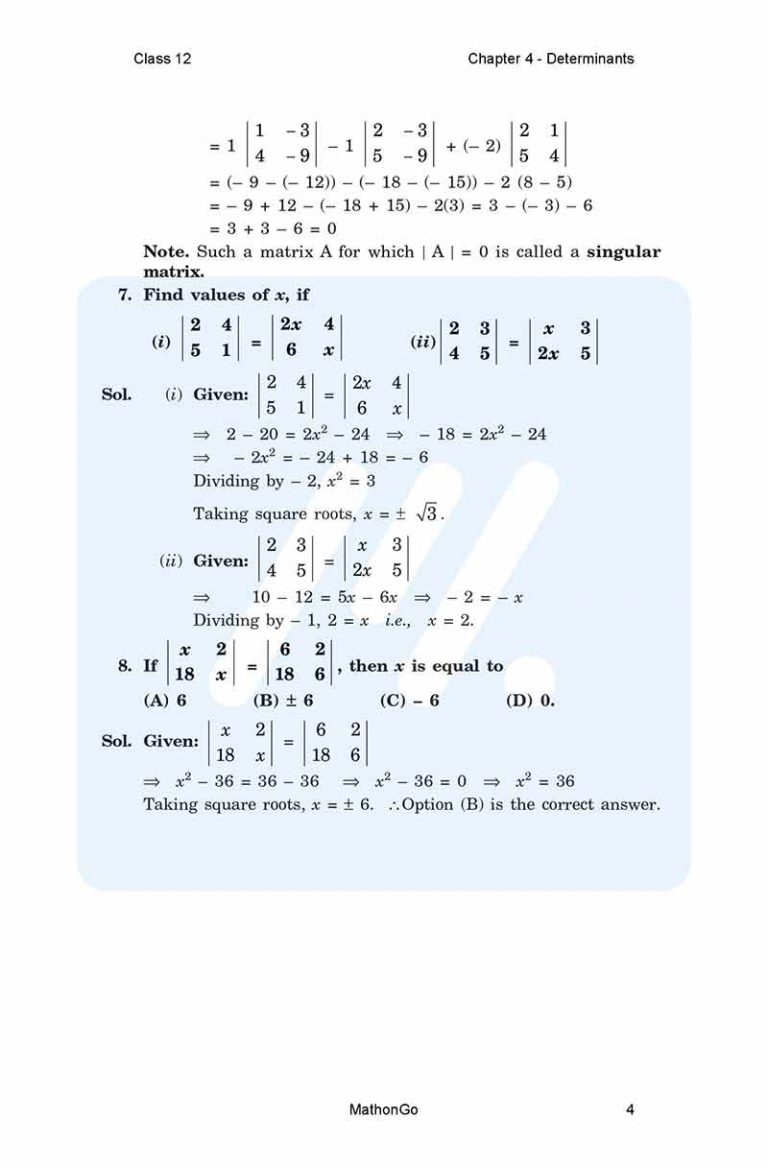 NCERT Solutions for Class 12 Maths Chapter 4 – Determinants – MathonGo
