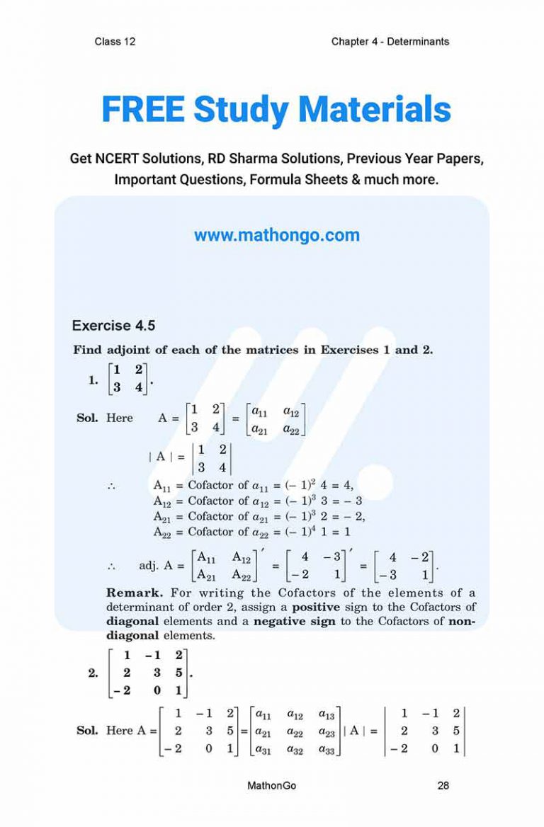 NCERT Solutions for Class 12 Maths Chapter 4 – Determinants – MathonGo