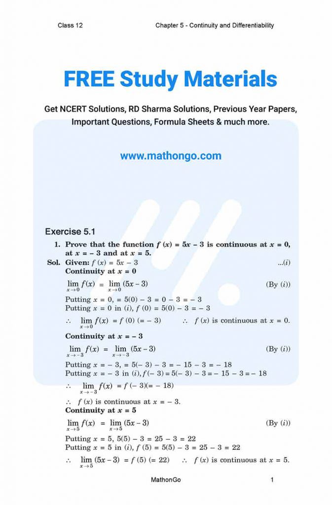 NCERT Solutions For Class 12 Maths Chapter 5 Exercise 5 1 MathonGo NCERT Solutions For Class 12 Maths Chapter 5 Exercise 5 1 MathonGo