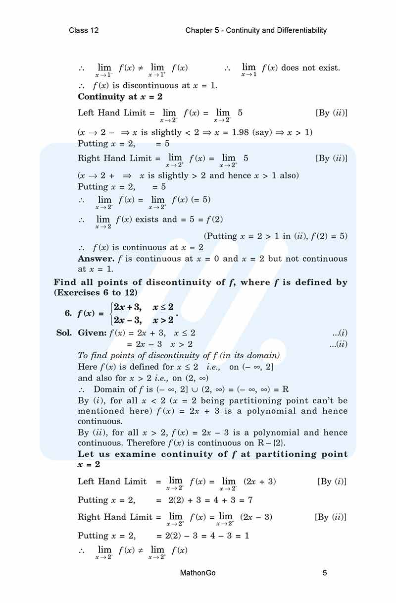 NCERT Solutions for Class 12 Maths Chapter 5 – Continuity and Differentiability – MathonGo