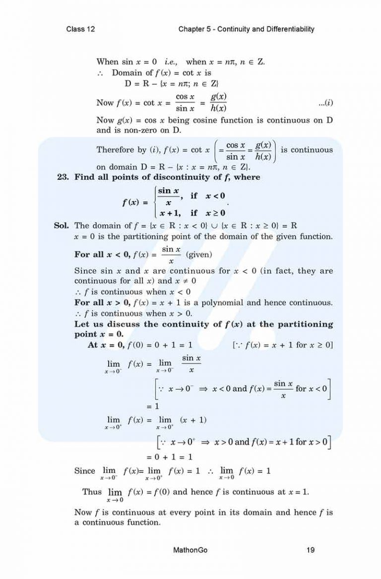NCERT Solutions for Class 12 Maths Chapter 5 – Continuity and Differentiability – MathonGo