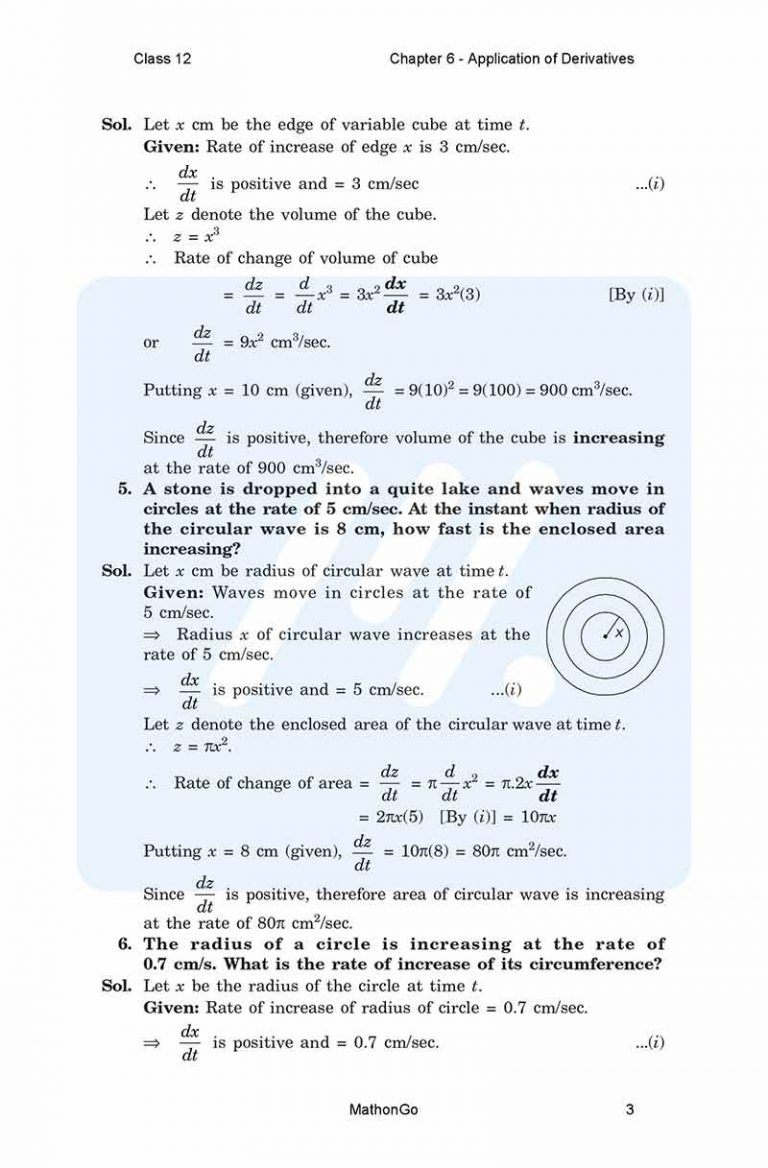 NCERT Solutions for Class 12 Maths Chapter 6 – Application of Derivatives – MathonGo