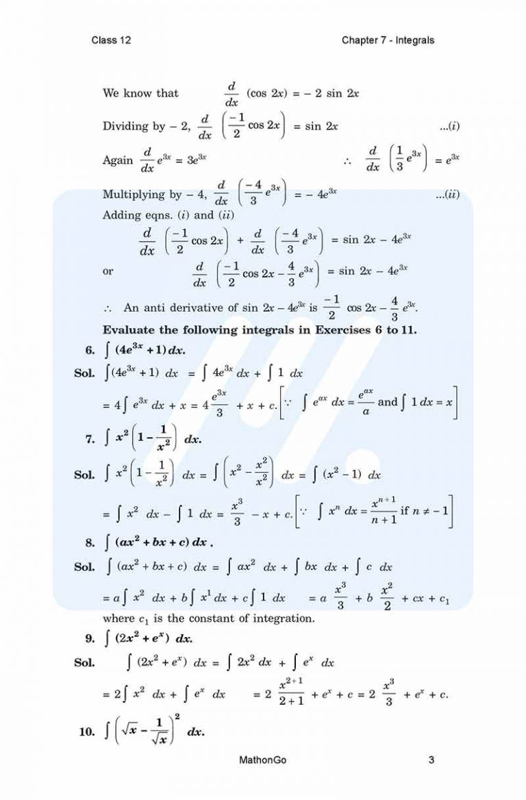 NCERT Solutions for Class 12 Maths Chapter 7 – Integrals – MathonGo