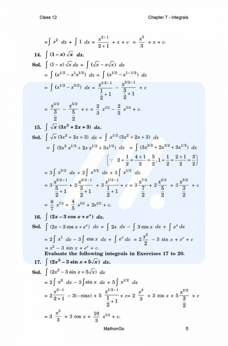 NCERT Solutions for Class 12 Maths Chapter 7 – Integrals – MathonGo