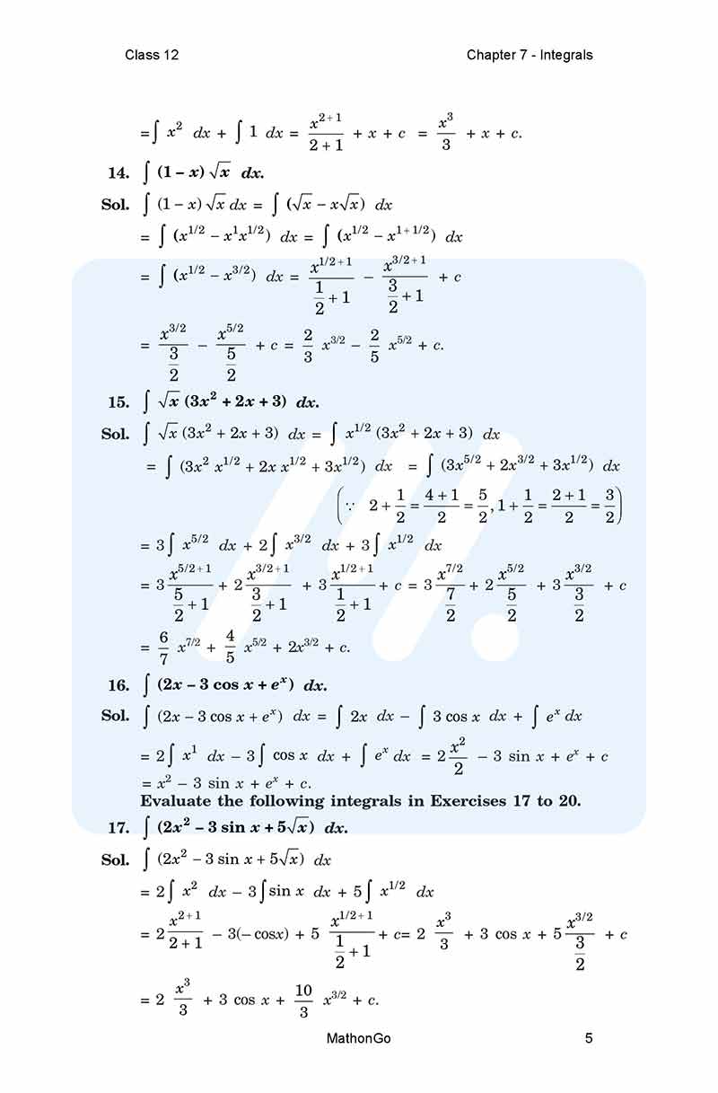 NCERT Solutions for Class 12 Maths Chapter 7 – Integrals – MathonGo