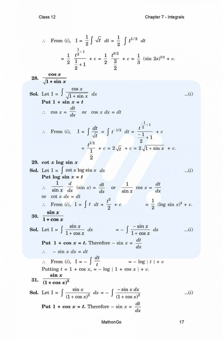 NCERT Solutions for Class 12 Maths Chapter 7 – Integrals – MathonGo