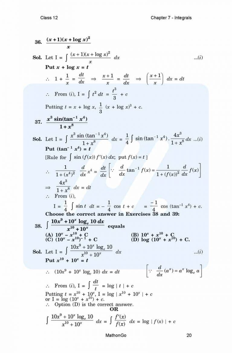 NCERT Solutions for Class 12 Maths Chapter 7 – Integrals – MathonGo