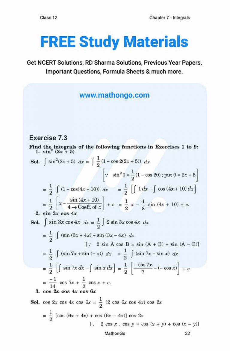 NCERT Solutions For Class 12 Maths Chapter 7 Exercise 7 3 MathonGo NCERT Solutions For Class 12 Maths Chapter 7 Exercise 7 3 MathonGo