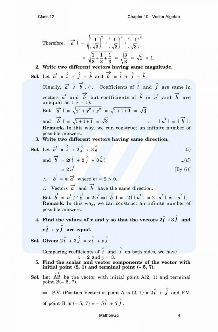 NCERT Solutions for Class 12 Maths Chapter 10 – Vector Algebra – MathonGo