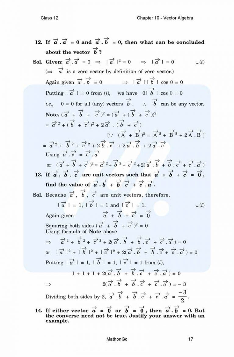 NCERT Solutions for Class 12 Maths Chapter 10 – Vector Algebra – MathonGo