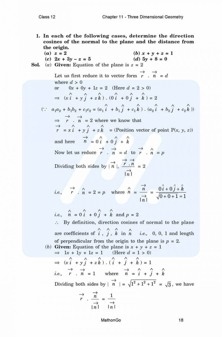 NCERT Solutions For Class 12 Maths Chapter 11 Three Dimensional