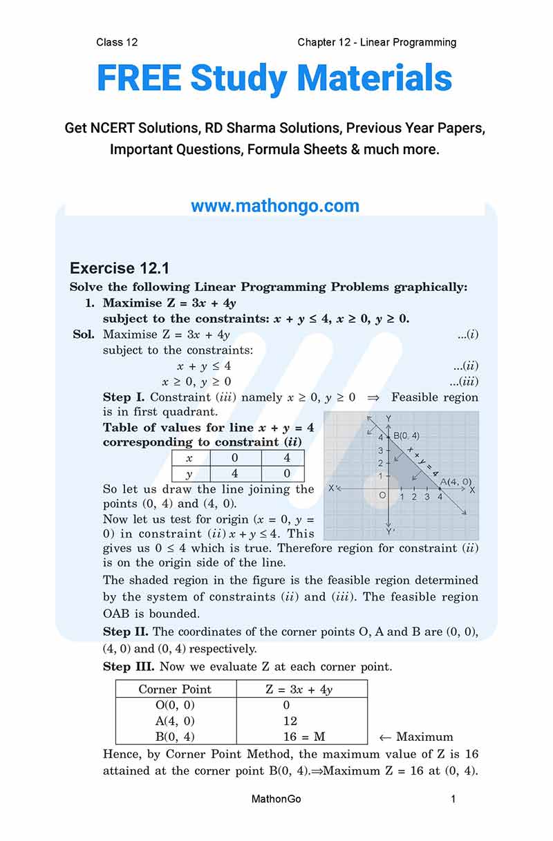 NCERT Solutions For Class 12 Maths Chapter 12 Linear Programming 