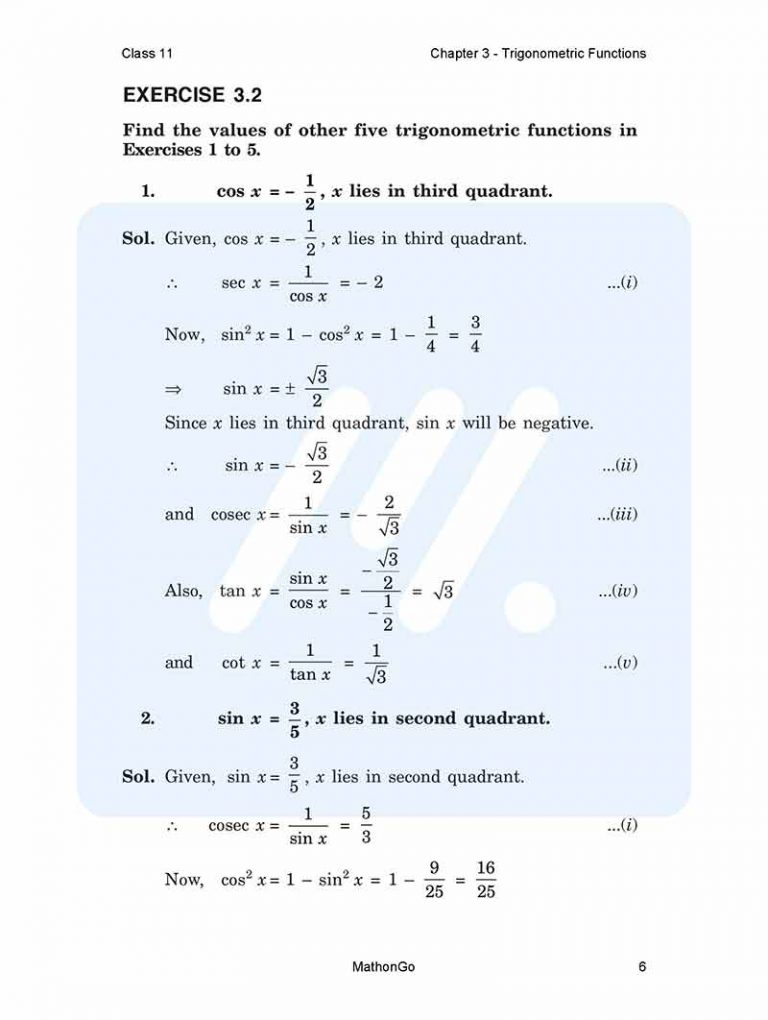 NCERT Solutions for Class 11 Maths Chapter 3 – Trigonometric Functions ...