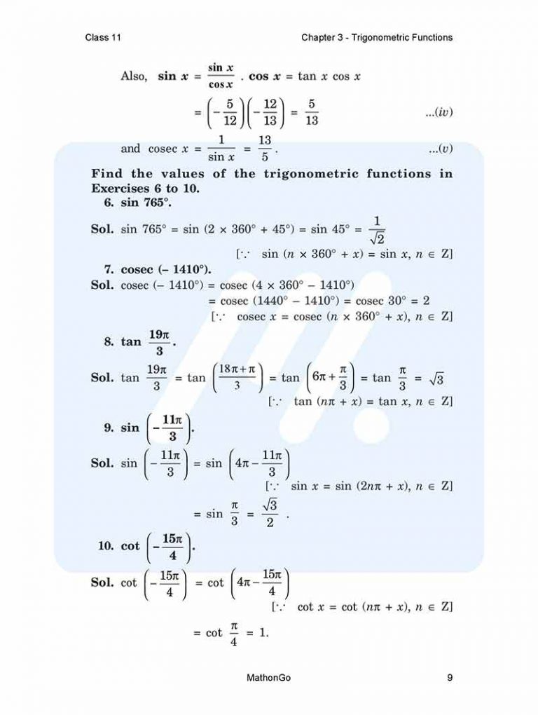 NCERT Solutions for Class 11 Maths Chapter 3 – Trigonometric Functions ...