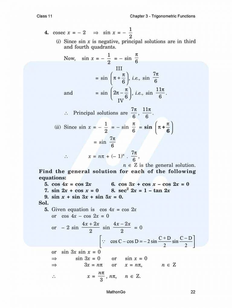 NCERT Solutions for Class 11 Maths Chapter 3 – Trigonometric Functions ...