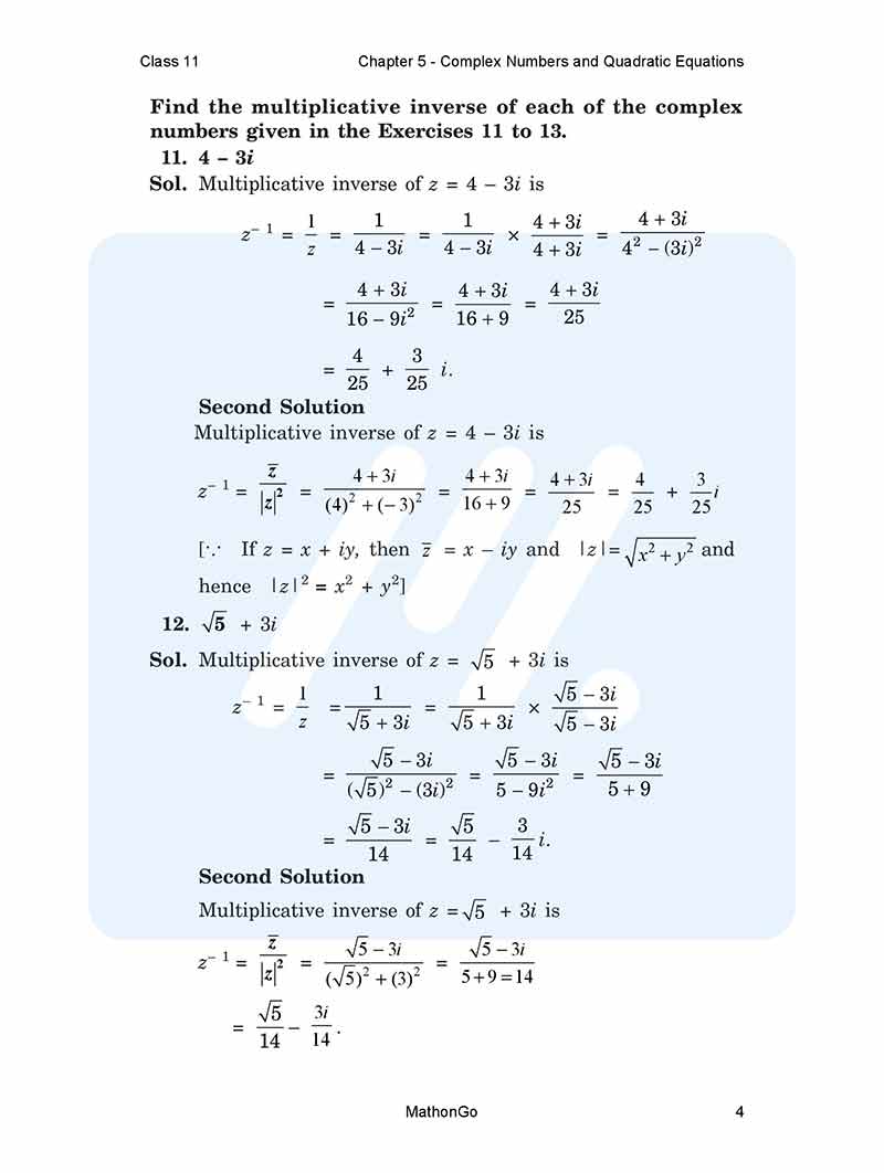 NCERT Solutions for Class 11 Maths Chapter 5 – Complex Numbers and Quadratic Equations – MathonGo