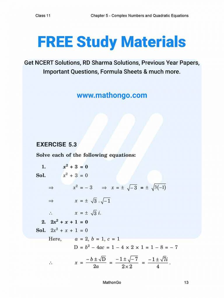 NCERT Solutions for Class 11 Maths Chapter 5 – Complex Numbers and Quadratic Equations – MathonGo
