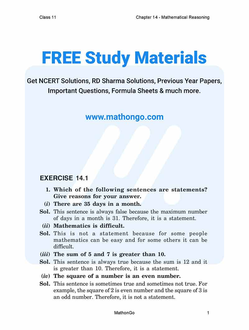 NCERT Solutions for Class 11 Maths Chapter 14 – Mathematical Reasoning – MathonGo