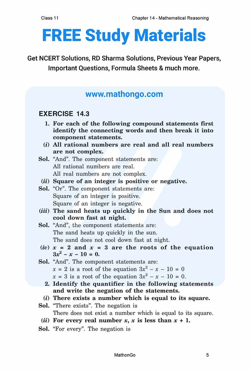 NCERT Solutions for Class 11 Maths Chapter 14 – Mathematical Reasoning ...