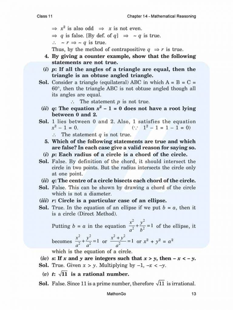 NCERT Solutions for Class 11 Maths Chapter 14 – Mathematical Reasoning – MathonGo