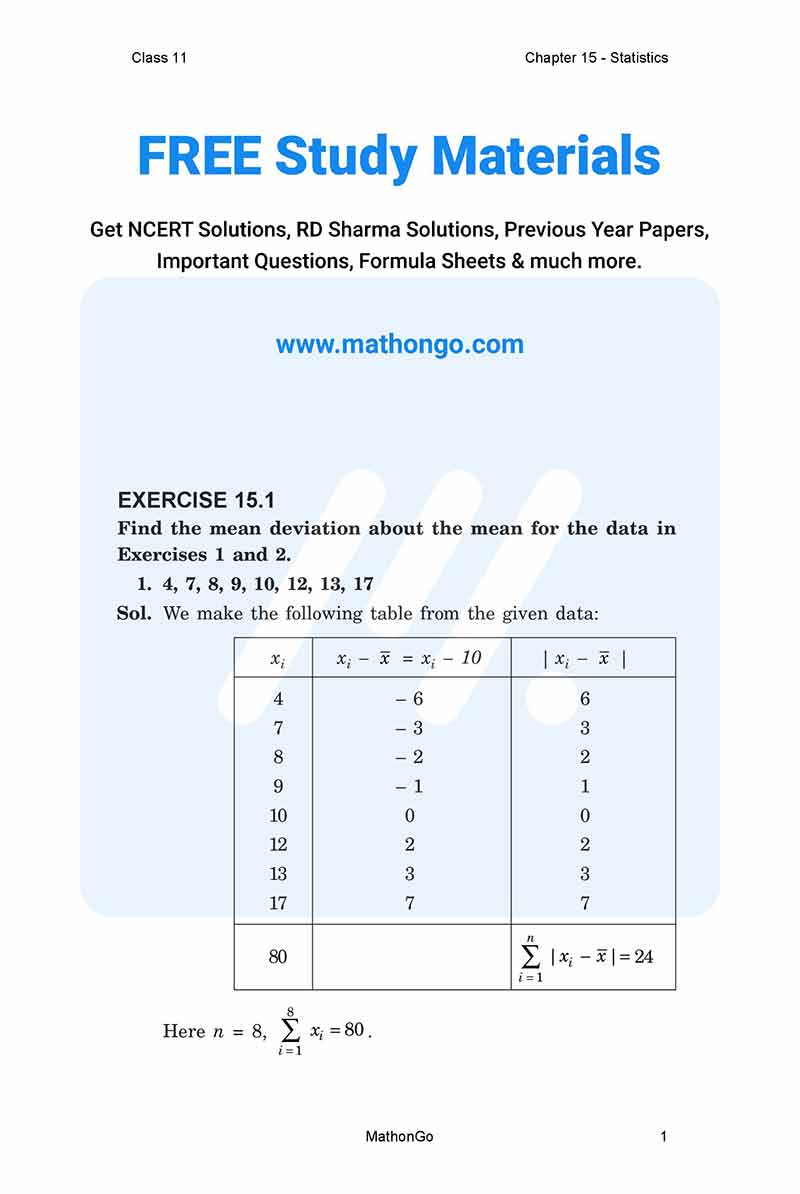NCERT Solutions for Class 11 Maths Chapter 15 – Statistics – MathonGo