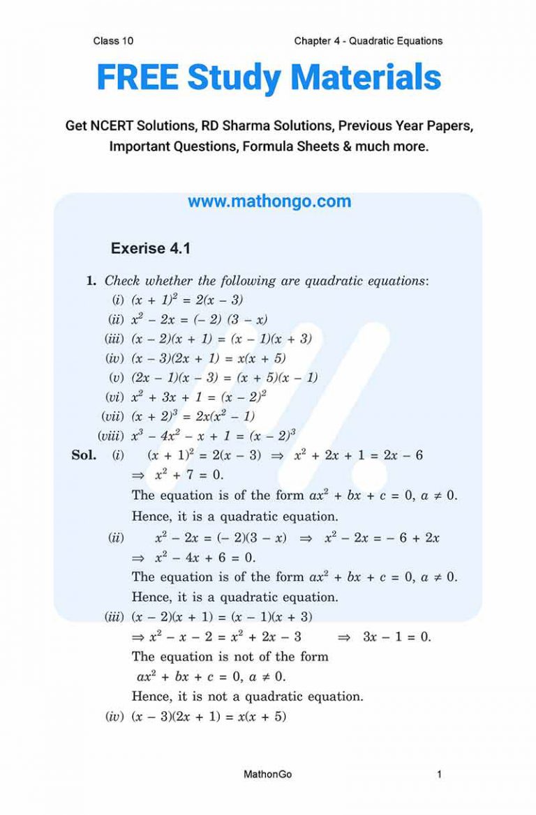 NCERT Solutions For Class 10 Maths Chapter 4 Exercise 4 1 MathonGo