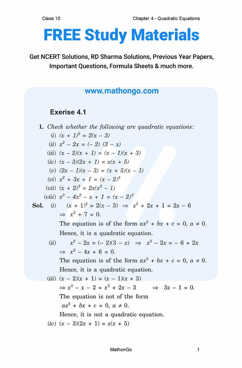 NCERT Solutions For Class 10 Maths Chapter 4 Exercise 4 1 MathonGo