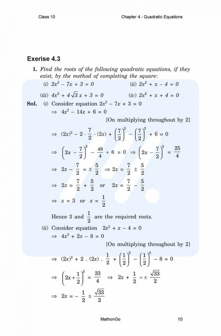 NCERT Solutions for Class 10 Maths Chapter 4 – Quadratic Equations – MathonGo