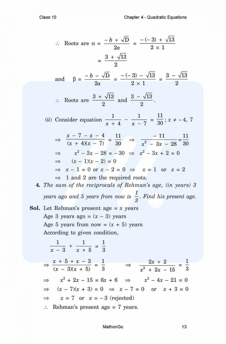 NCERT Solutions for Class 10 Maths Chapter 4 – Quadratic Equations ...