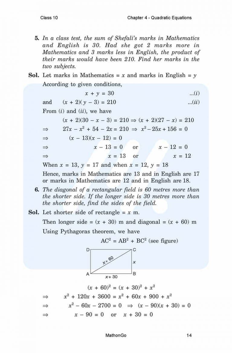 NCERT Solutions for Class 10 Maths Chapter 4 – Quadratic Equations – MathonGo