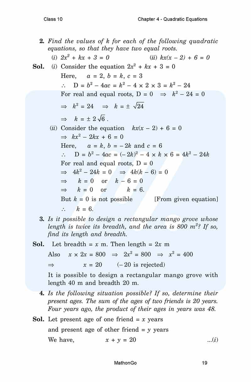 NCERT Solutions for Class 10 Maths Chapter 4 – Quadratic Equations ...
