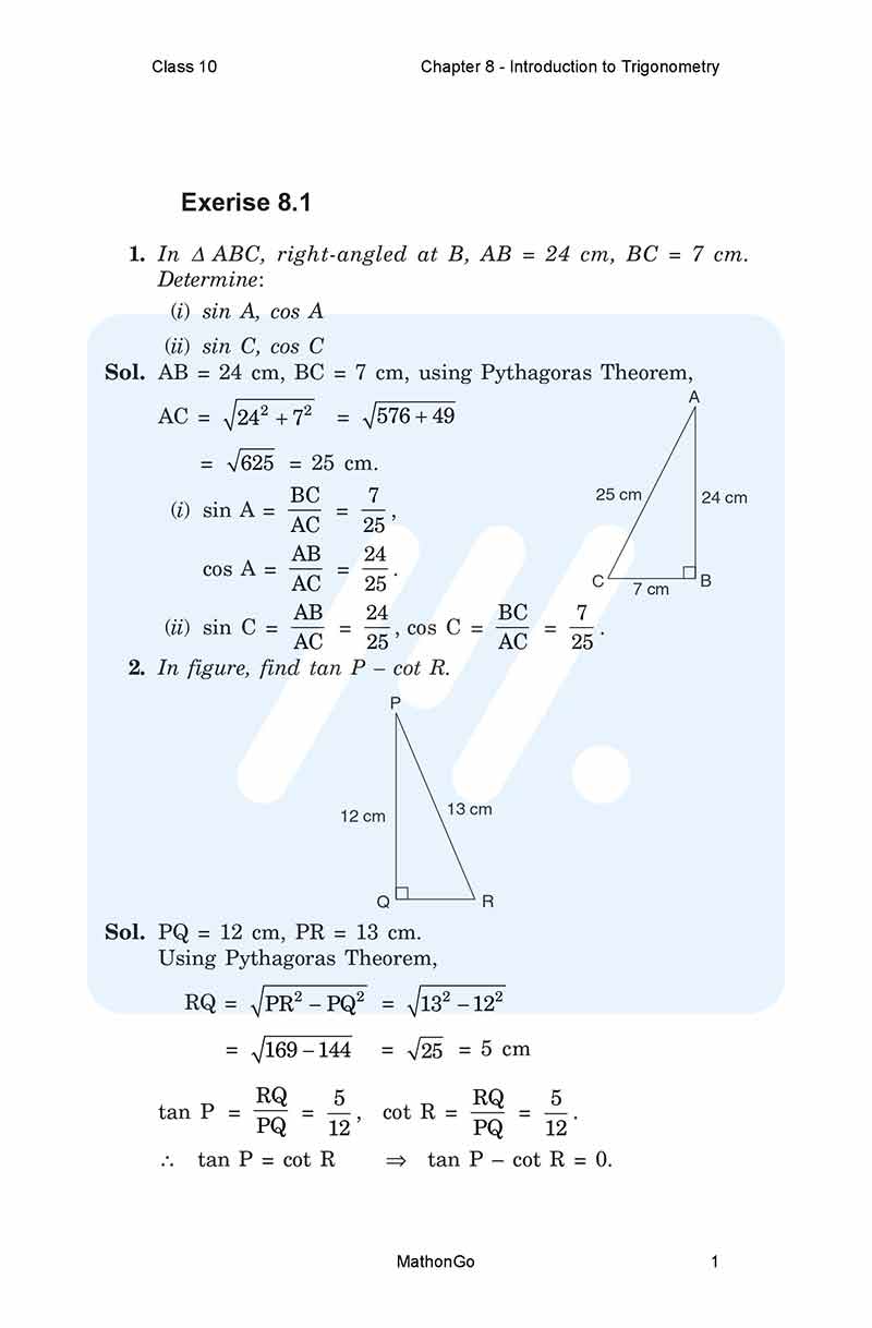 NCERT Solutions for Class 10 Maths Chapter 8 – Introduction to Trigonometry – MathonGo