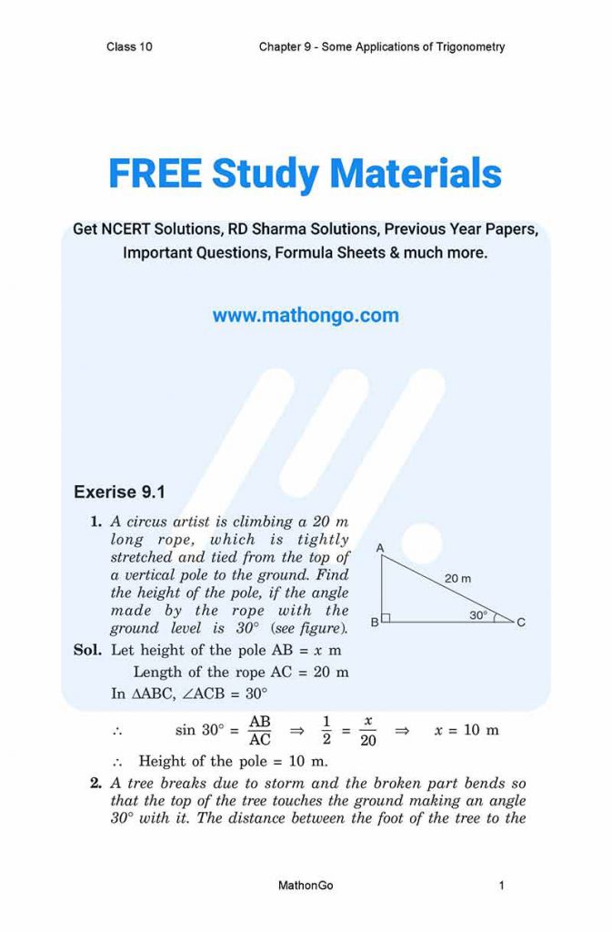 NCERT Solutions For Class 10 Maths Chapter 9 Some Applications Of