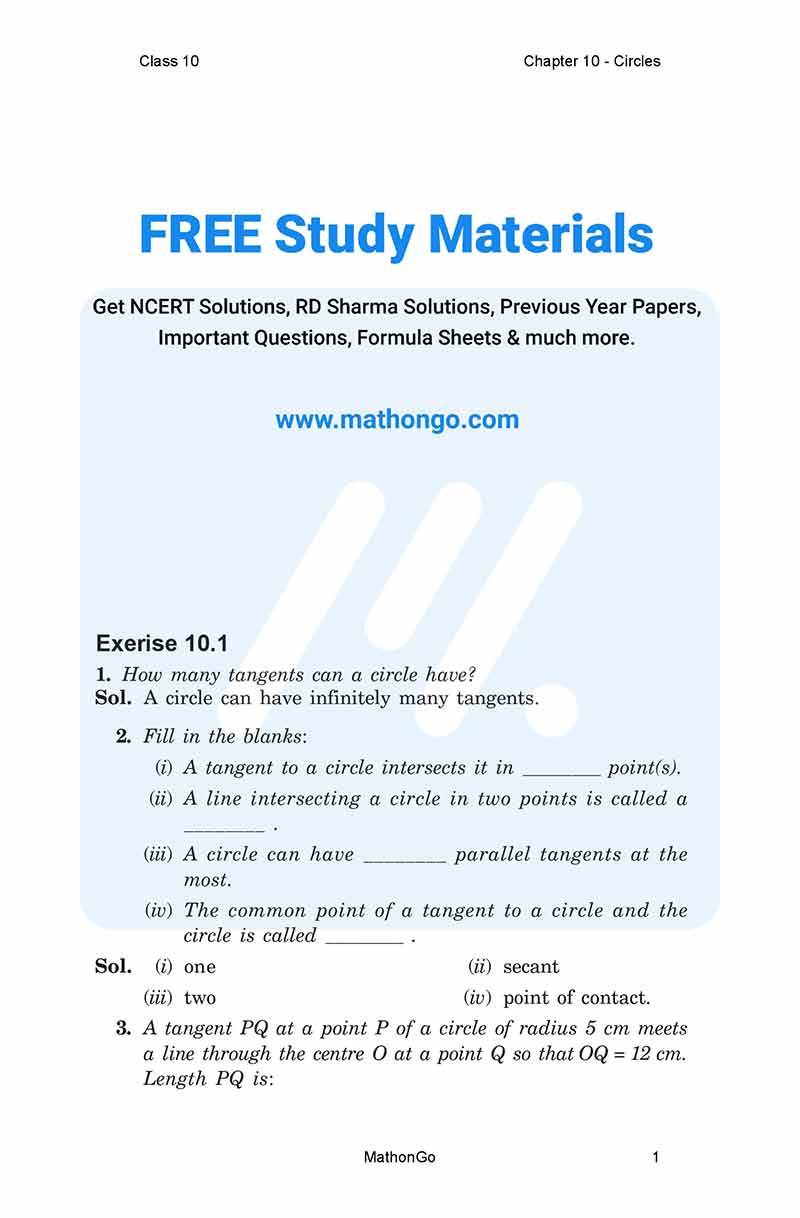 NCERT Solutions for Class 10 Maths Chapter 10 Exercise 10.1 – MathonGo