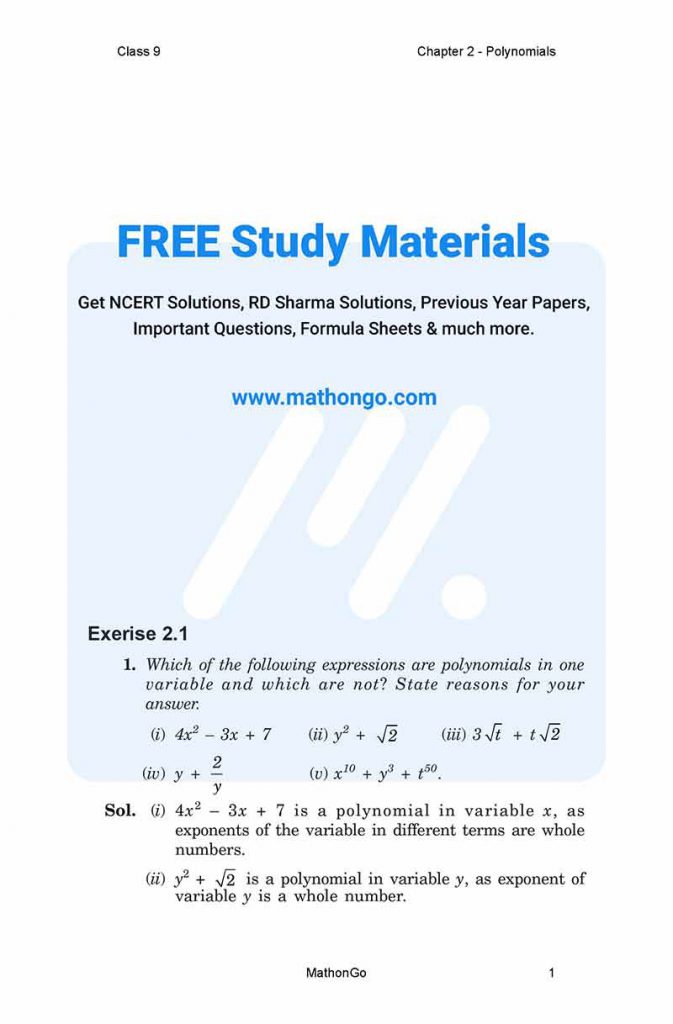 NCERT Solutions For Class 9 Maths Chapter 2 Polynomials MathonGo NCERT Solutions For Class 9 Maths Chapter 2 Polynomials MathonGo