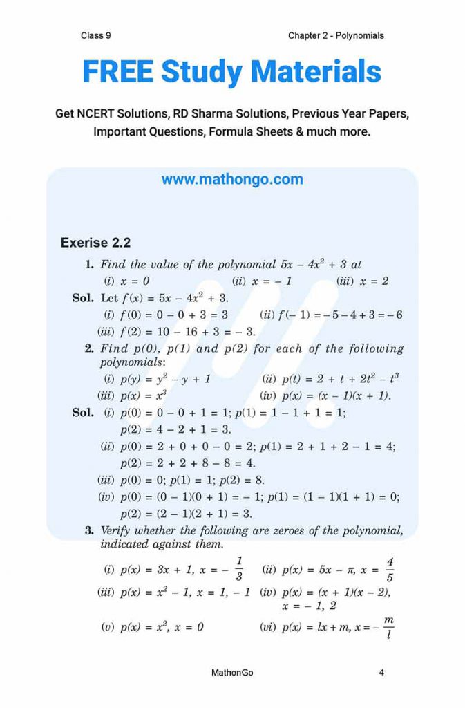 NCERT Solutions For Class 9 Maths Chapter 2 Polynomials MathonGo