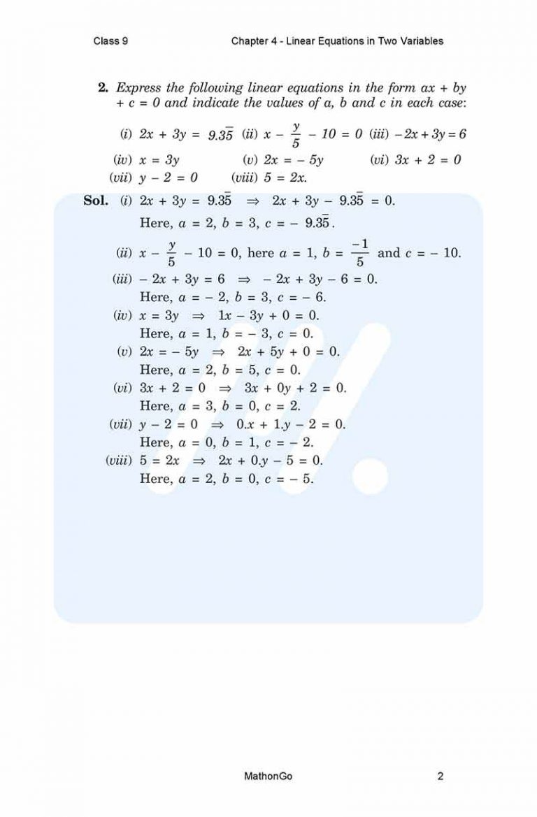 NCERT Solutions for Class 9 Maths Chapter 4 – Linear Equations in Two Variables – MathonGo