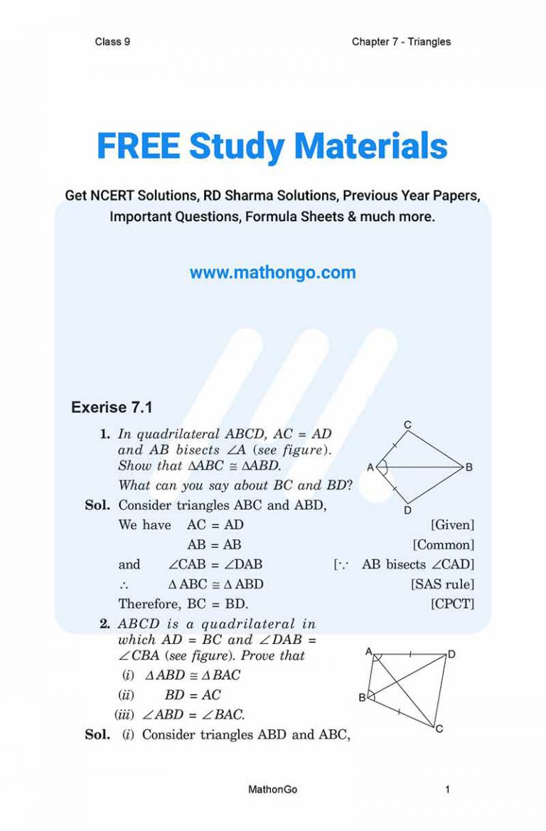 NCERT Solutions for Class 9 Maths Chapter 7 – Triangles – MathonGo