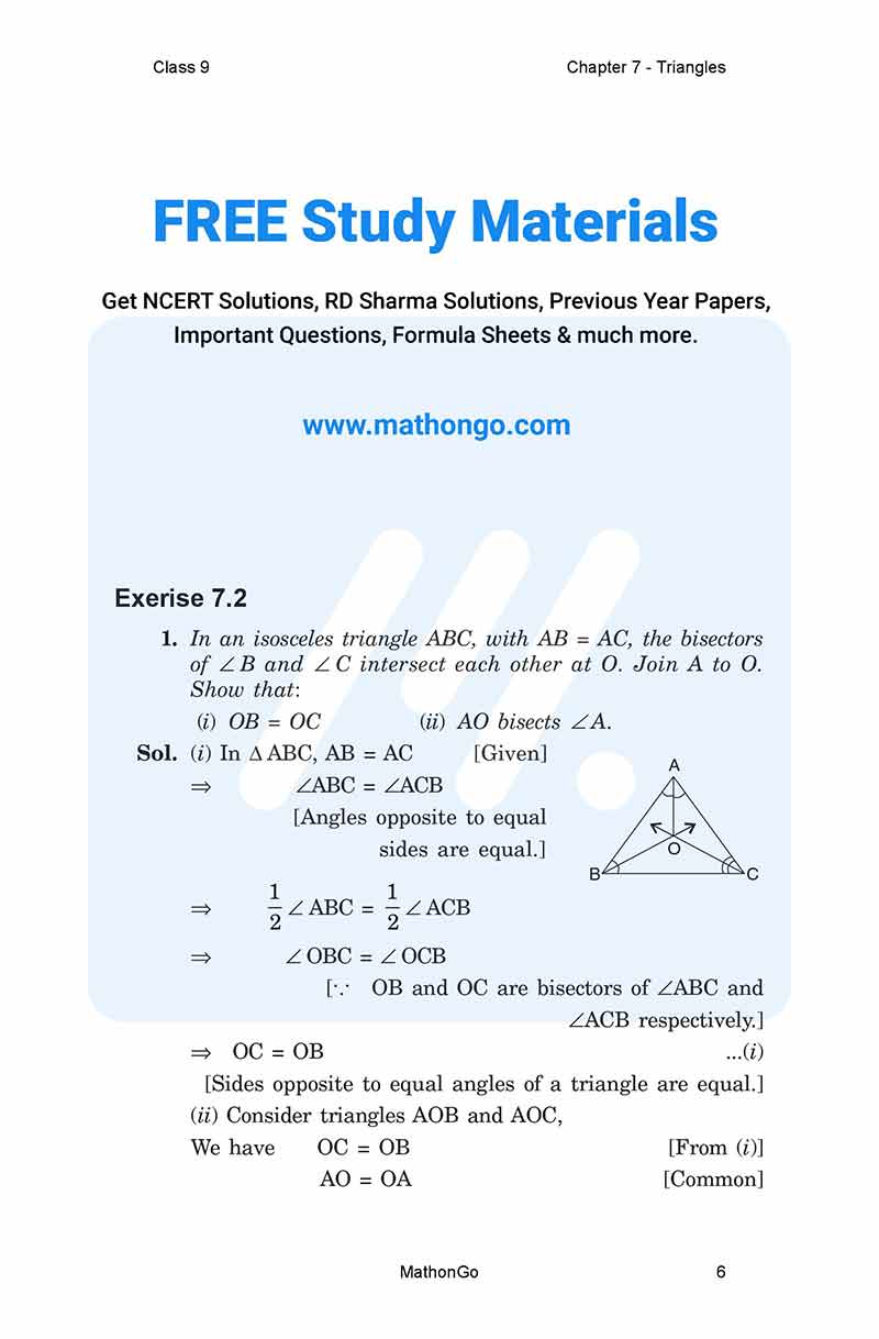 NCERT Solutions for Class 9 Maths Chapter 7 – Triangles – MathonGo
