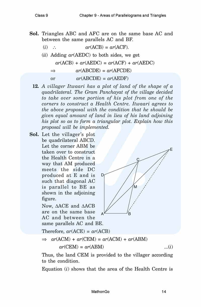 NCERT Solutions for Class 9 Maths Chapter 9 – Areas of Parallelograms and Triangles – MathonGo