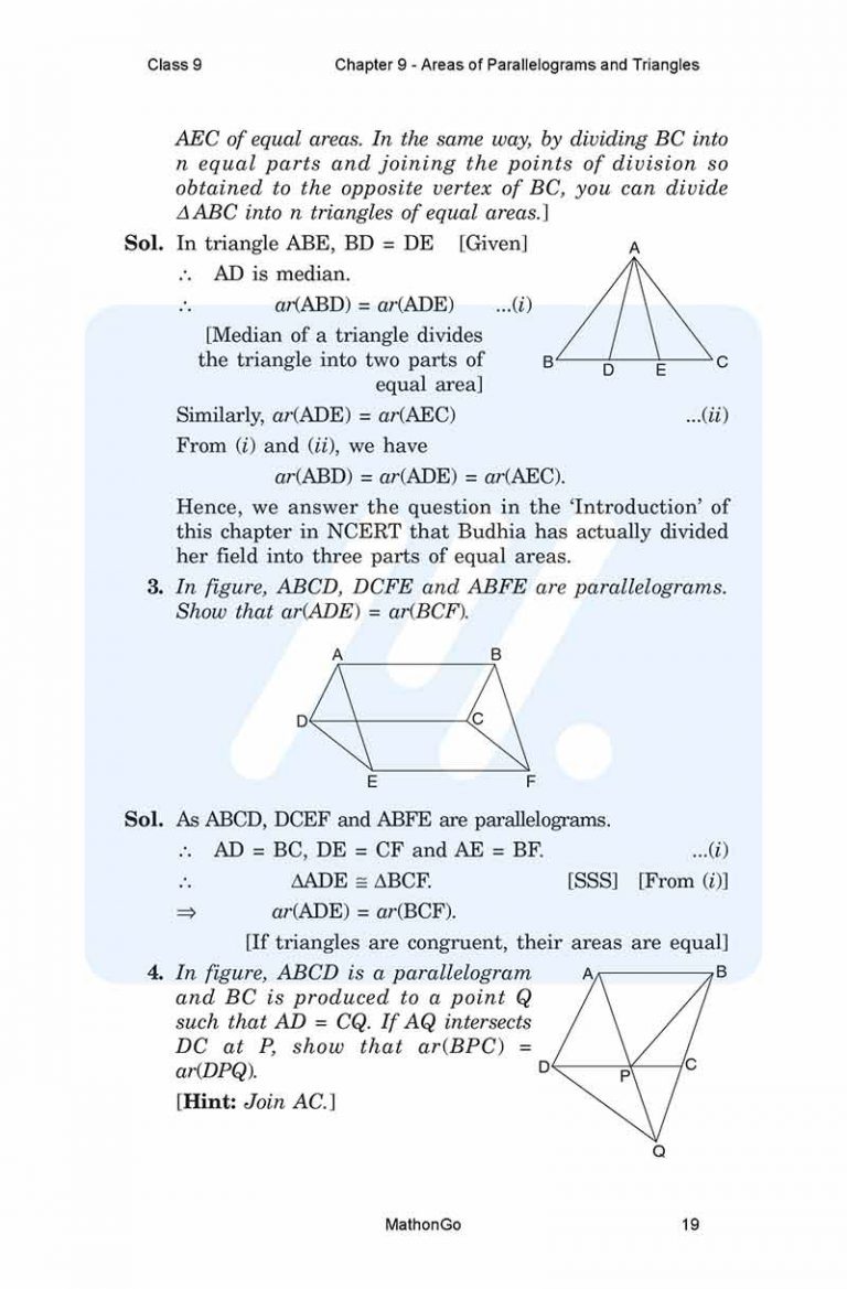 NCERT Solutions for Class 9 Maths Chapter 9 – Areas of Parallelograms and Triangles – MathonGo