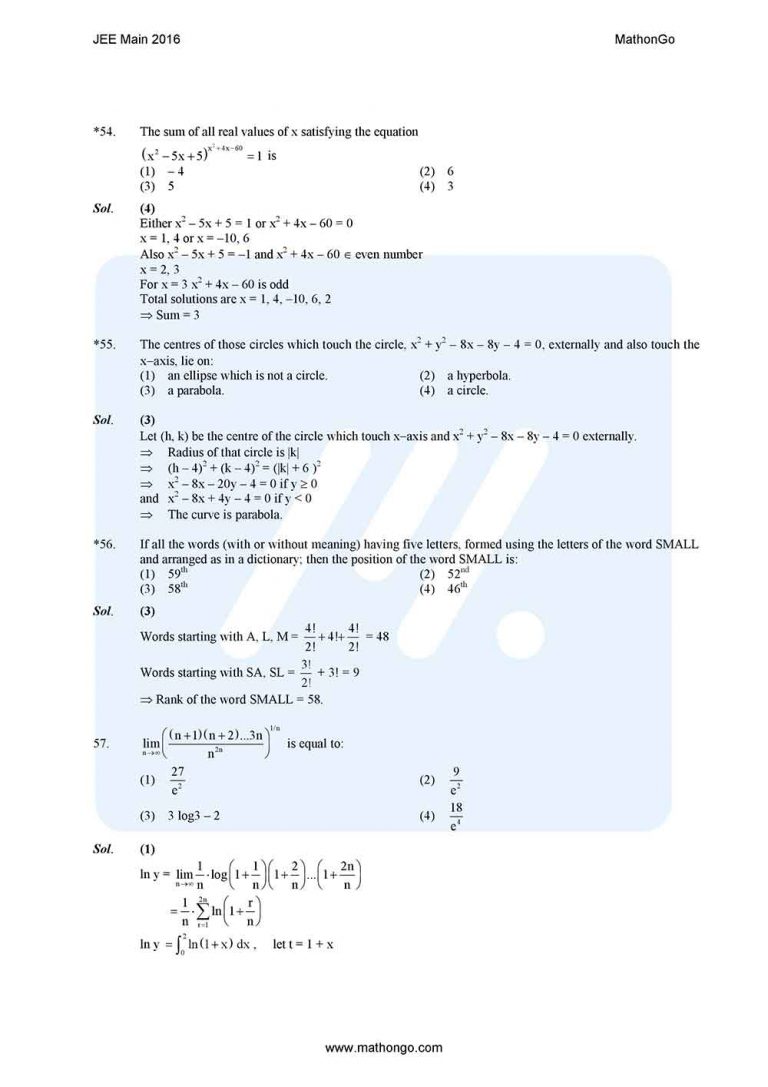 JEE Main 2016 Previous Year Question Paper with Answer Keys – MathonGo