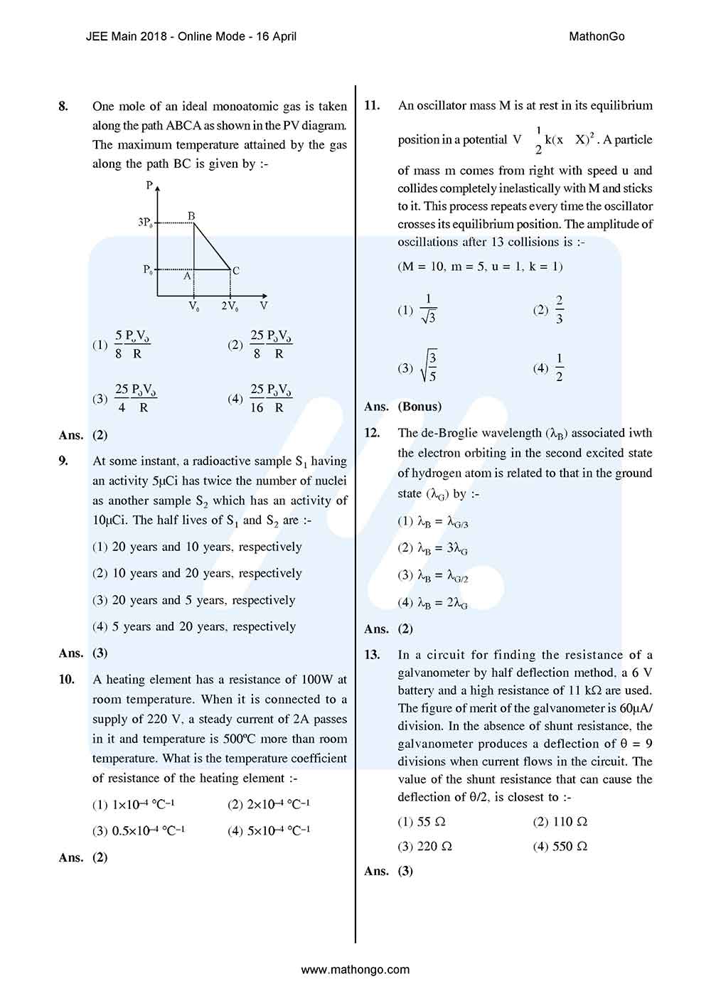 JEE Main 2018 Question Paper with Answer Keys (16th April – Online ...