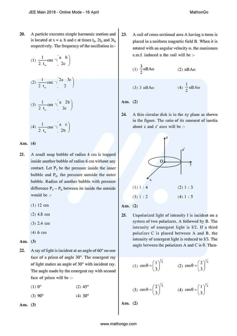 JEE Main 2018 Question Paper with Answer Keys (16th April – Online ...