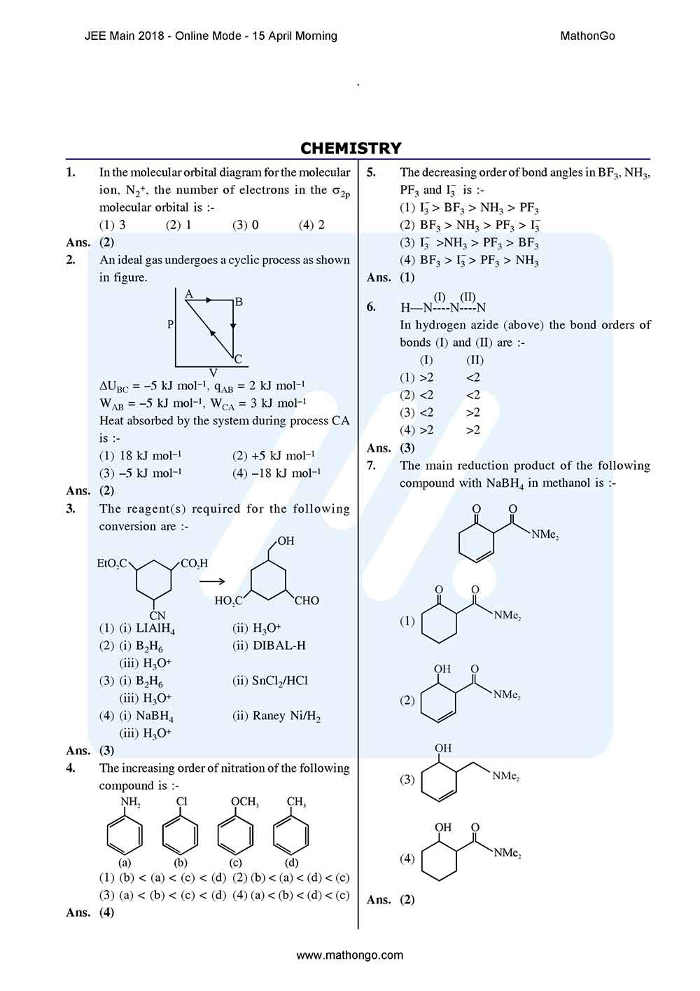 JEE Main 2018 Question Paper with Answer Keys (15th April – Morning ...