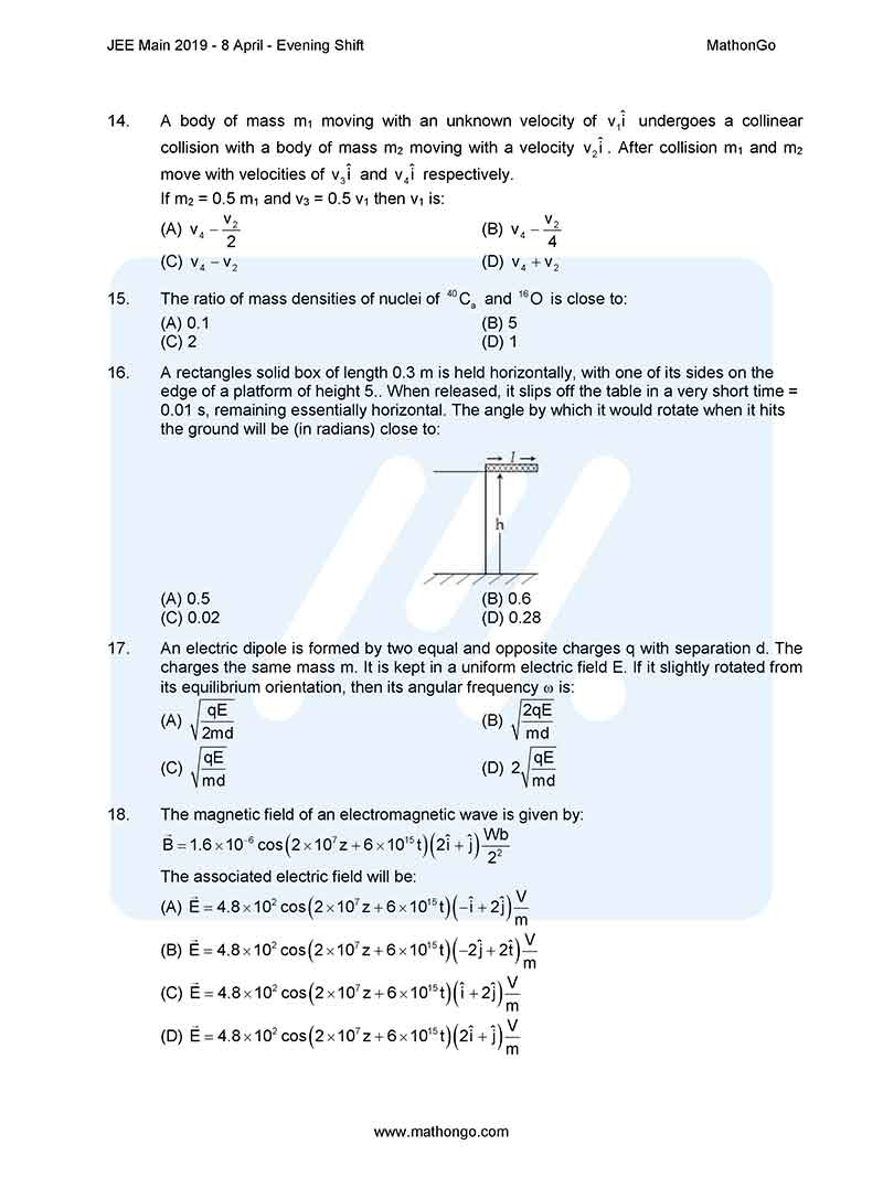 JEE Main 2019 Question Paper with Answer Keys (8th April – Evening ...